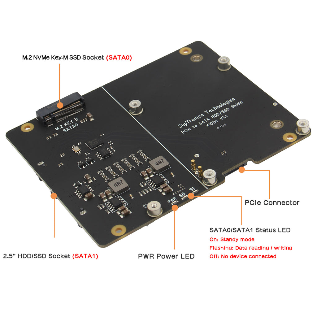 Geekworm X1006 PCIe to 2.5" SATA HDD+M.2 SATA 2280 SSD Shield for Rasp