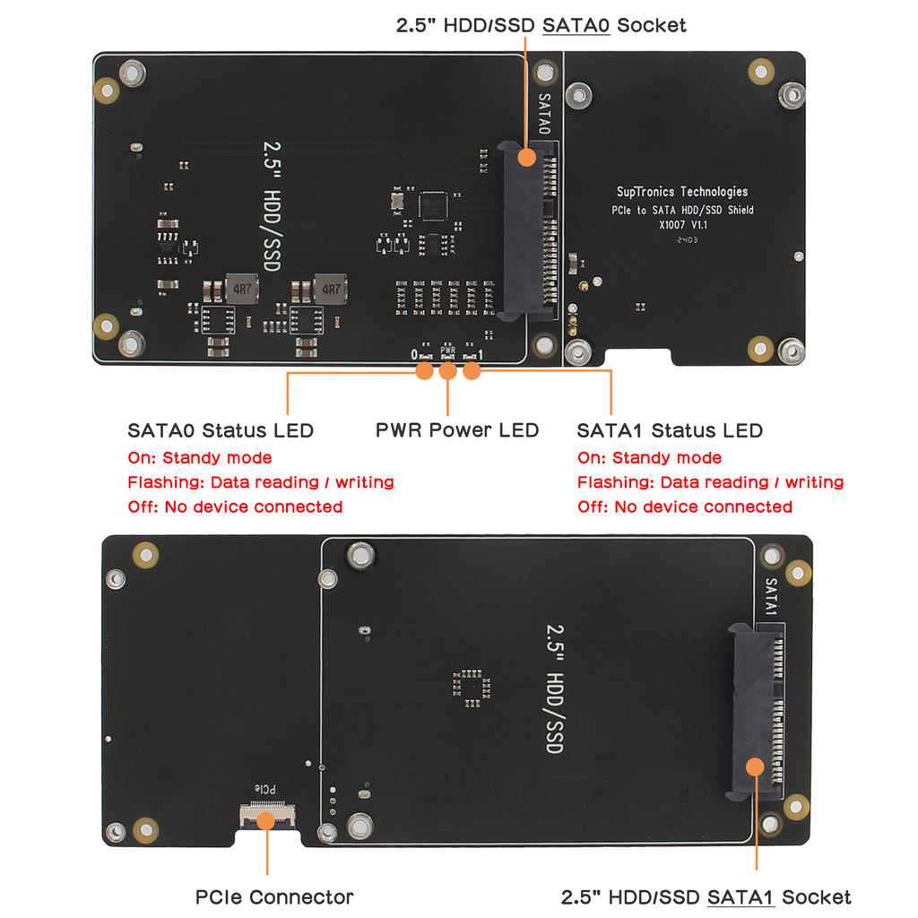 Geekworm X1007 PCIe to Dual 2.5" SATA HDD/SSD Shield for Raspberry Pi