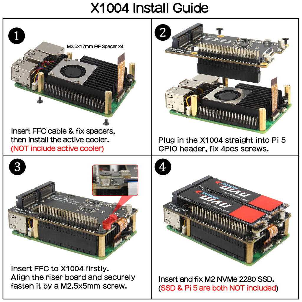 Geekworm X1004 PCIe to Dual 2280 NVMe SSD shield for Raspberry Pi 5