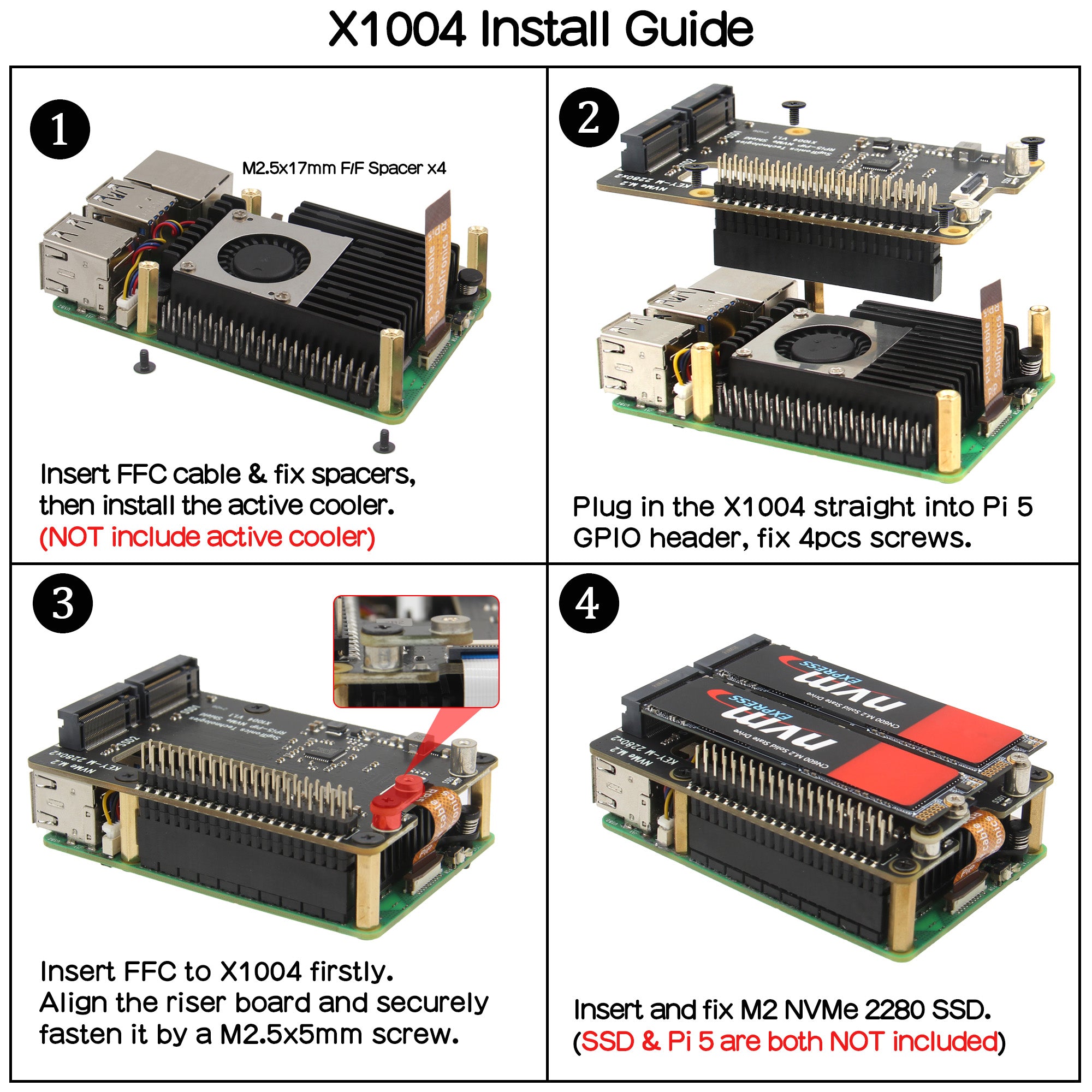 Geekworm X1004 PCIe to Dual 2280 NVMe SSD shield for Raspberry Pi 5