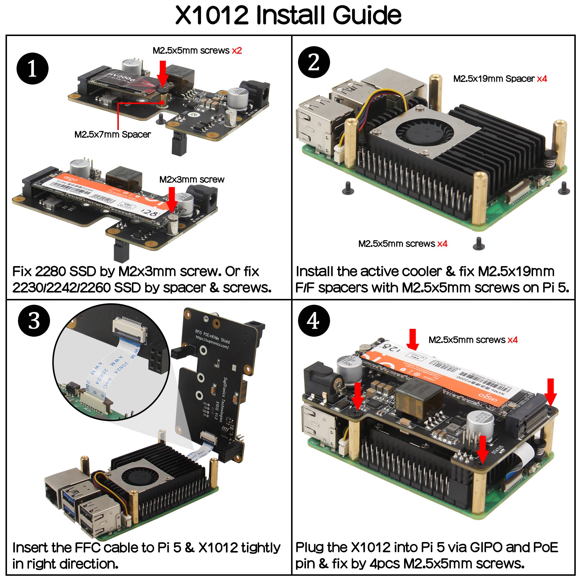 Geekworm X1012 PCIe to NVMe+POE Shield for Raspberry Pi 5
