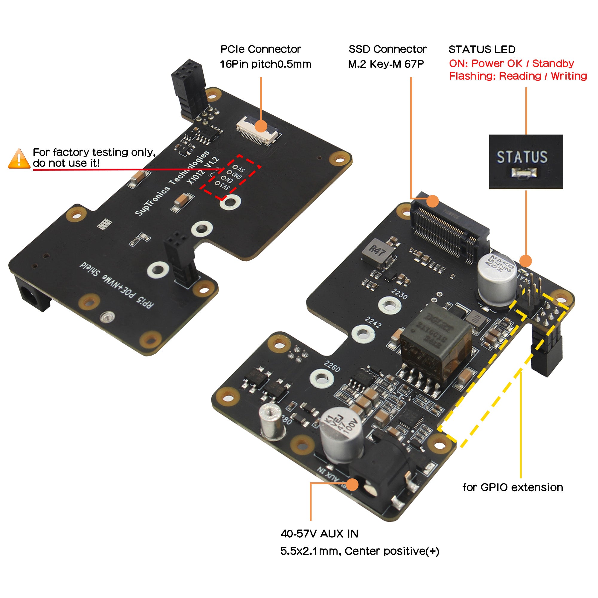 Geekworm X1012 PCIe to NVMe+POE Shield for Raspberry Pi 5