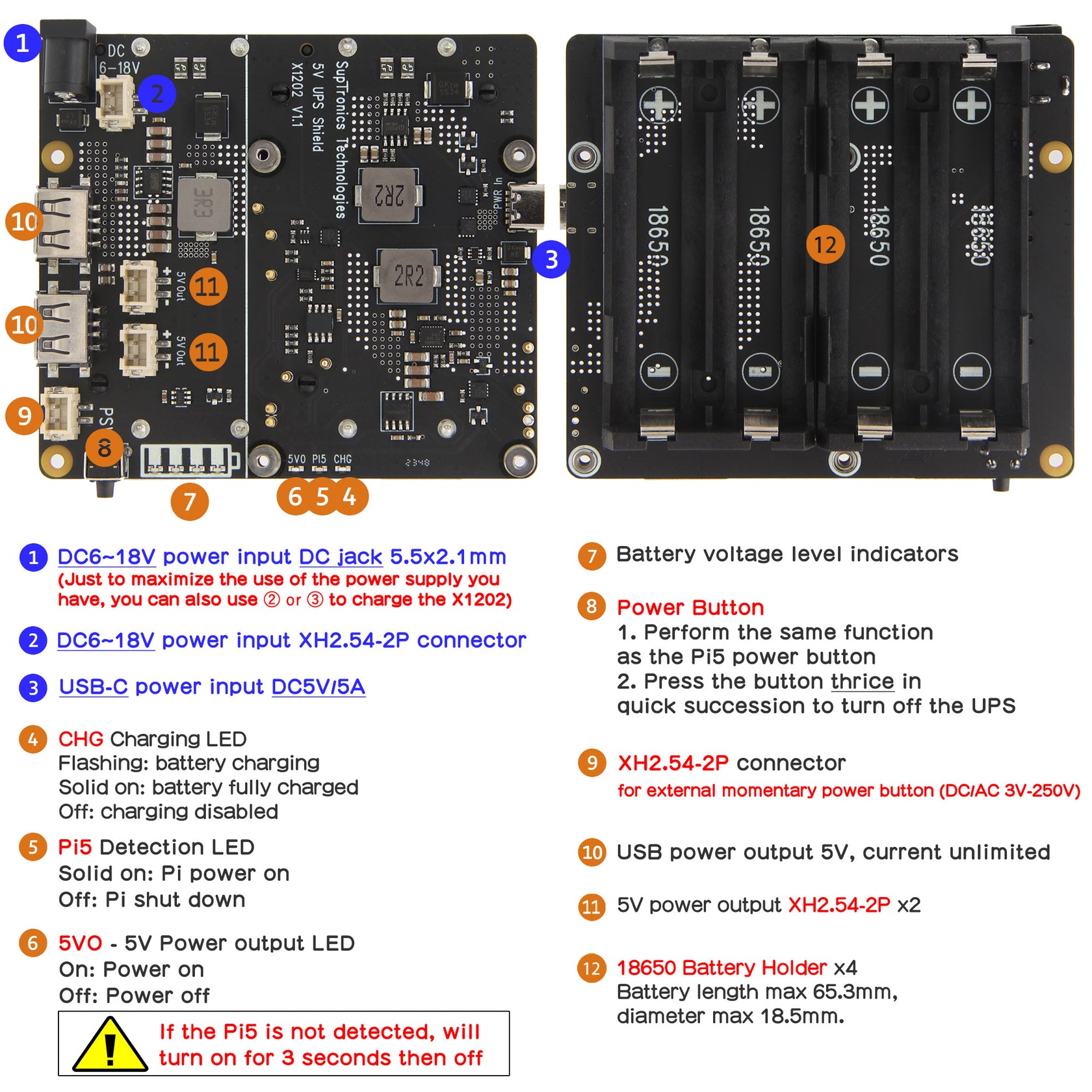 Geekworm X1202 4-Cell 18650 5.1V 5A UPS HAT for Raspberry Pi 5 Series