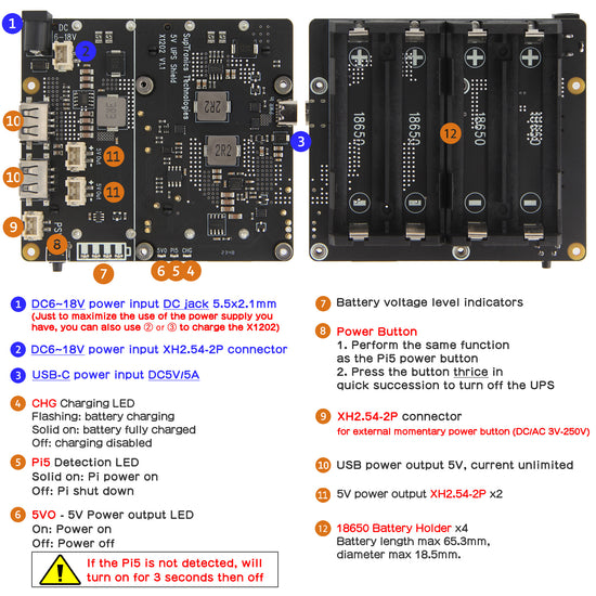 Geekworm X1202 4-Cell 18650 5.1V 5A UPS HAT for Raspberry Pi 5 Series
