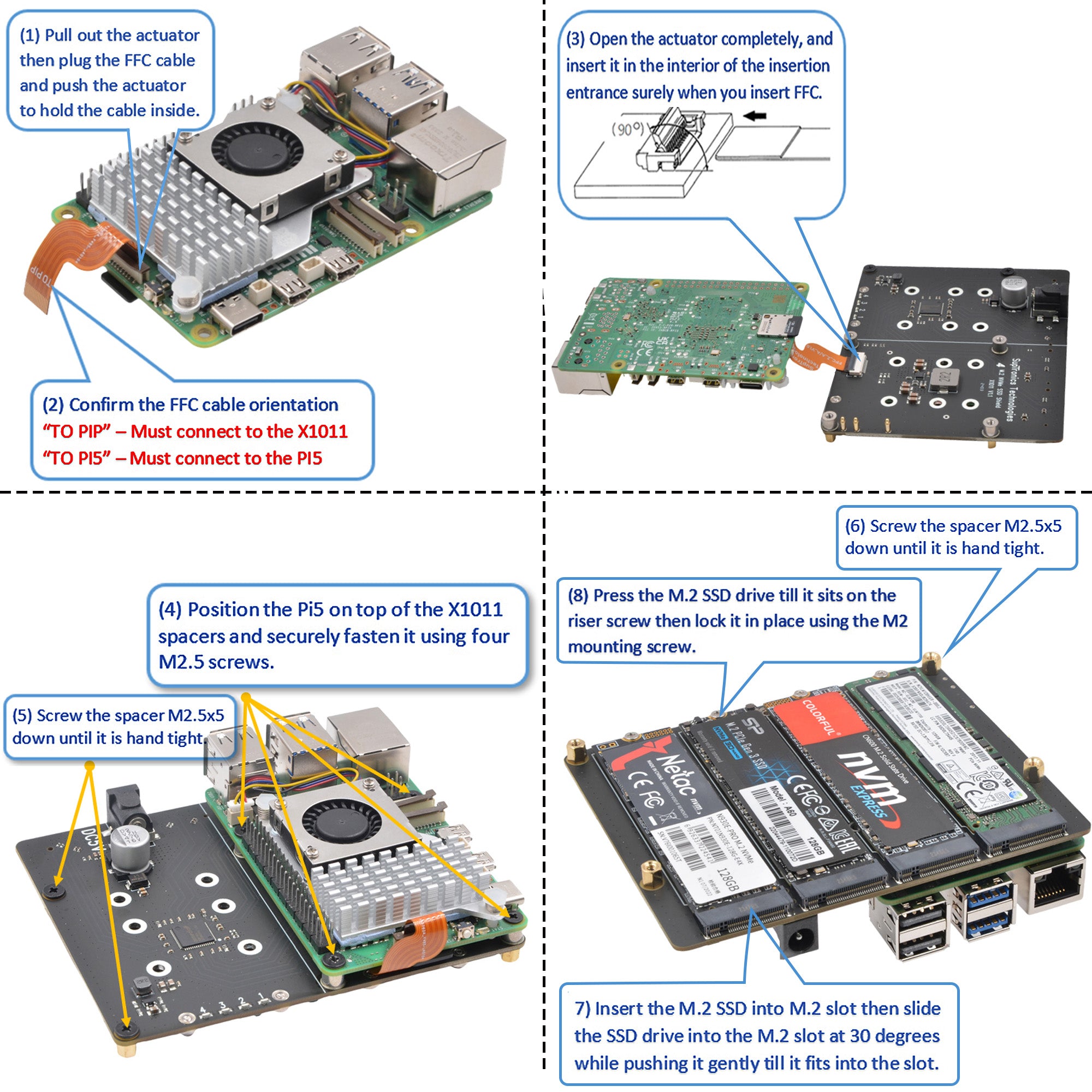 Geekworm X1011 PCIe to Four M.2 NVMe SSD Board for Raspberry Pi 5 (NOT