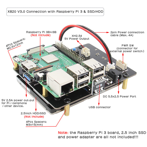 Geekworm Raspberry Pi X820 V3.0 USB 3.0 2.5" SATA HDD/SSD Storage ...