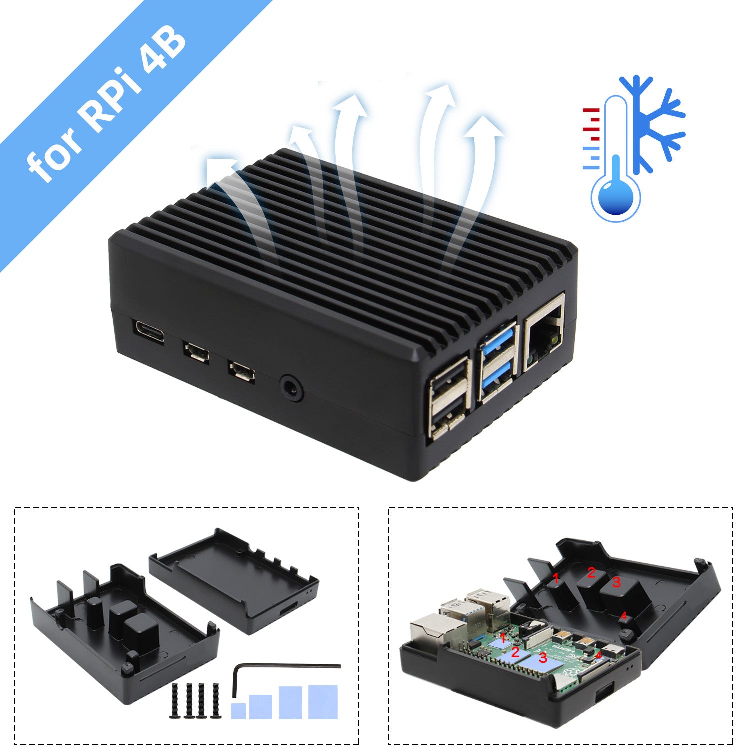 Geekworm Raspberry Pi 4 Heavy-duty Aluminum Passive Cooling Metal Case