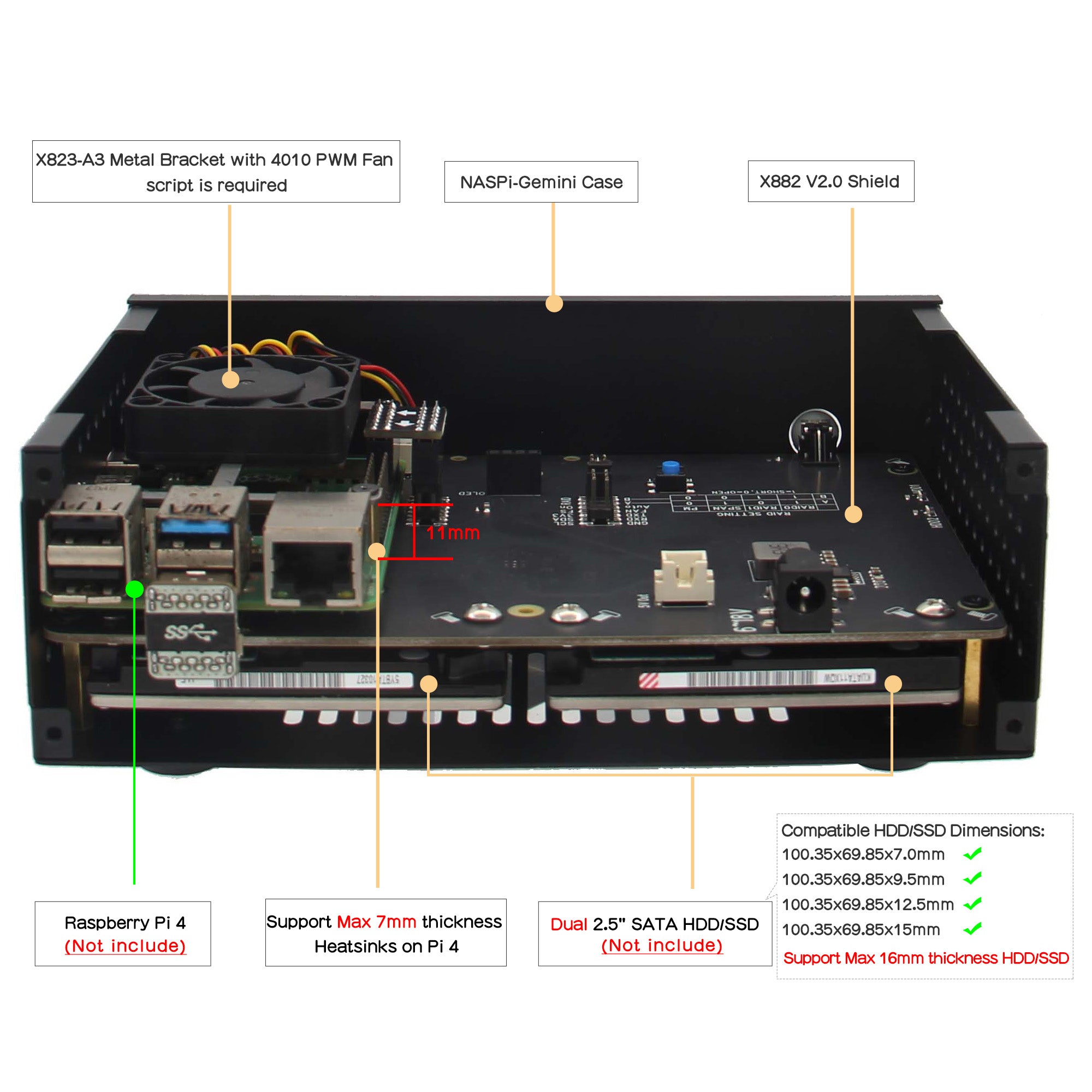 Geekworm NASPi Gemini 2.5 Dual 2.5'' SATA HDD NAS Storage Kit with DC